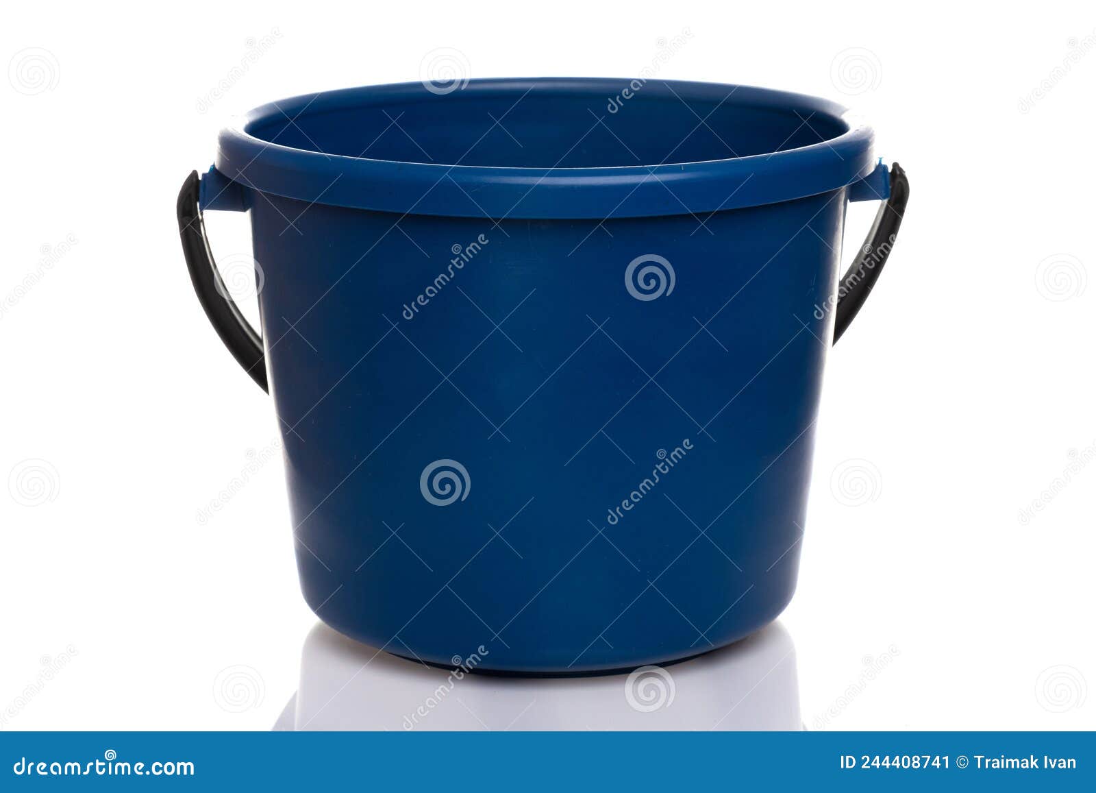 Empty Dark Blue Plastic Bucket with a Black Handle on a White ...