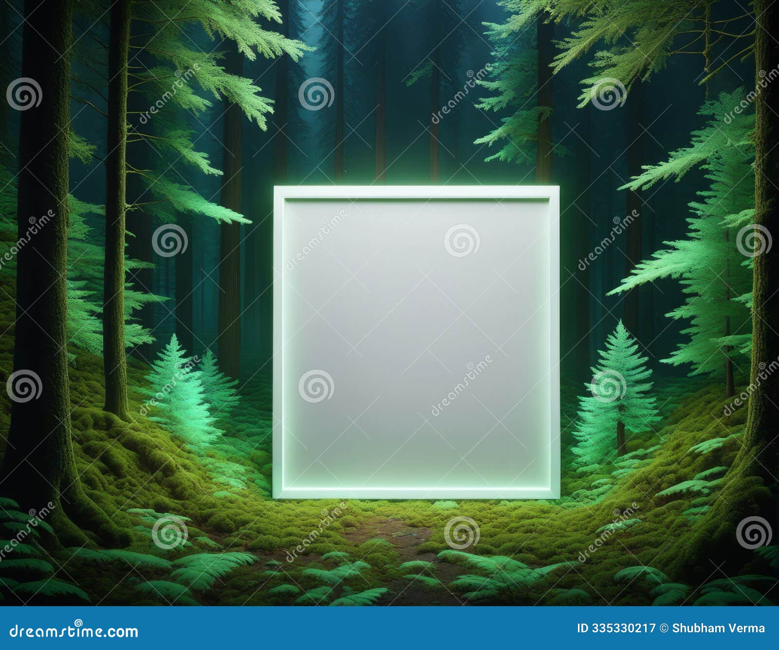 Empty Dark Green Frame with Abstract Nature Background, 3d Rendering ...