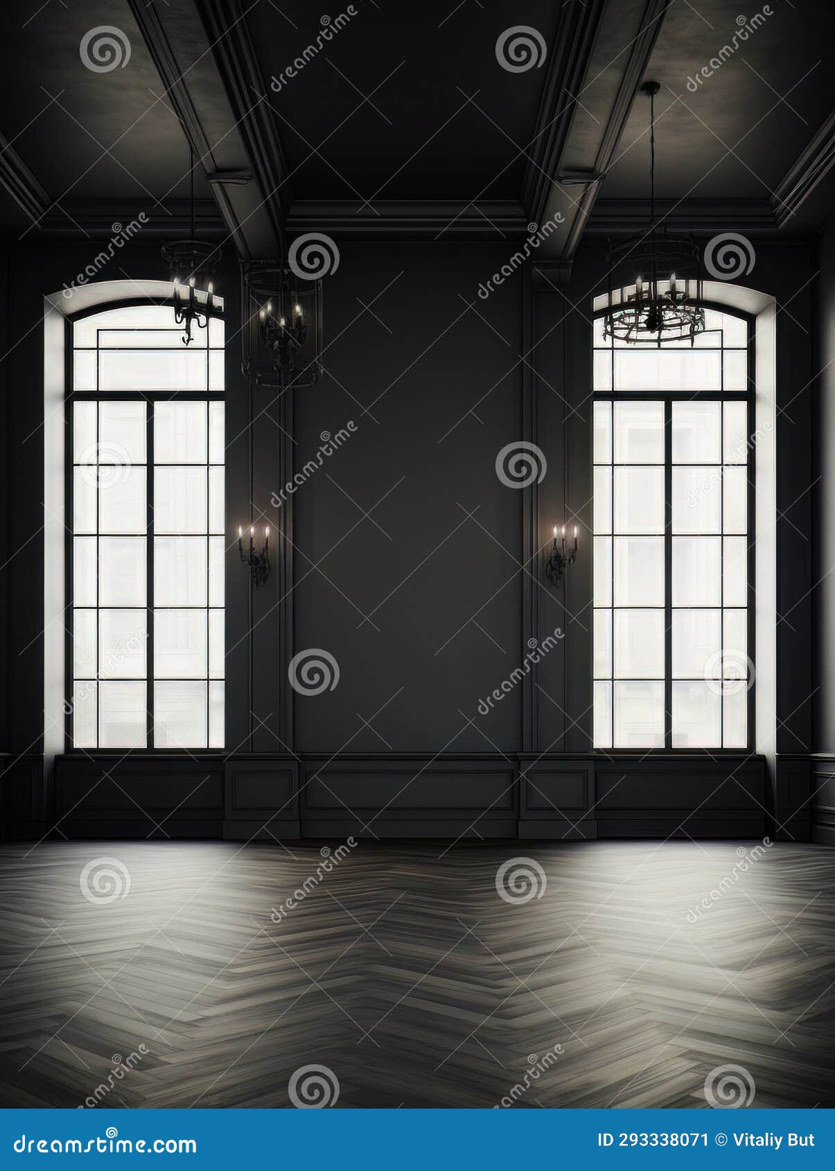 Empty Dark Interior in Loft Style with Panoramic Windows AI Stock Image ...