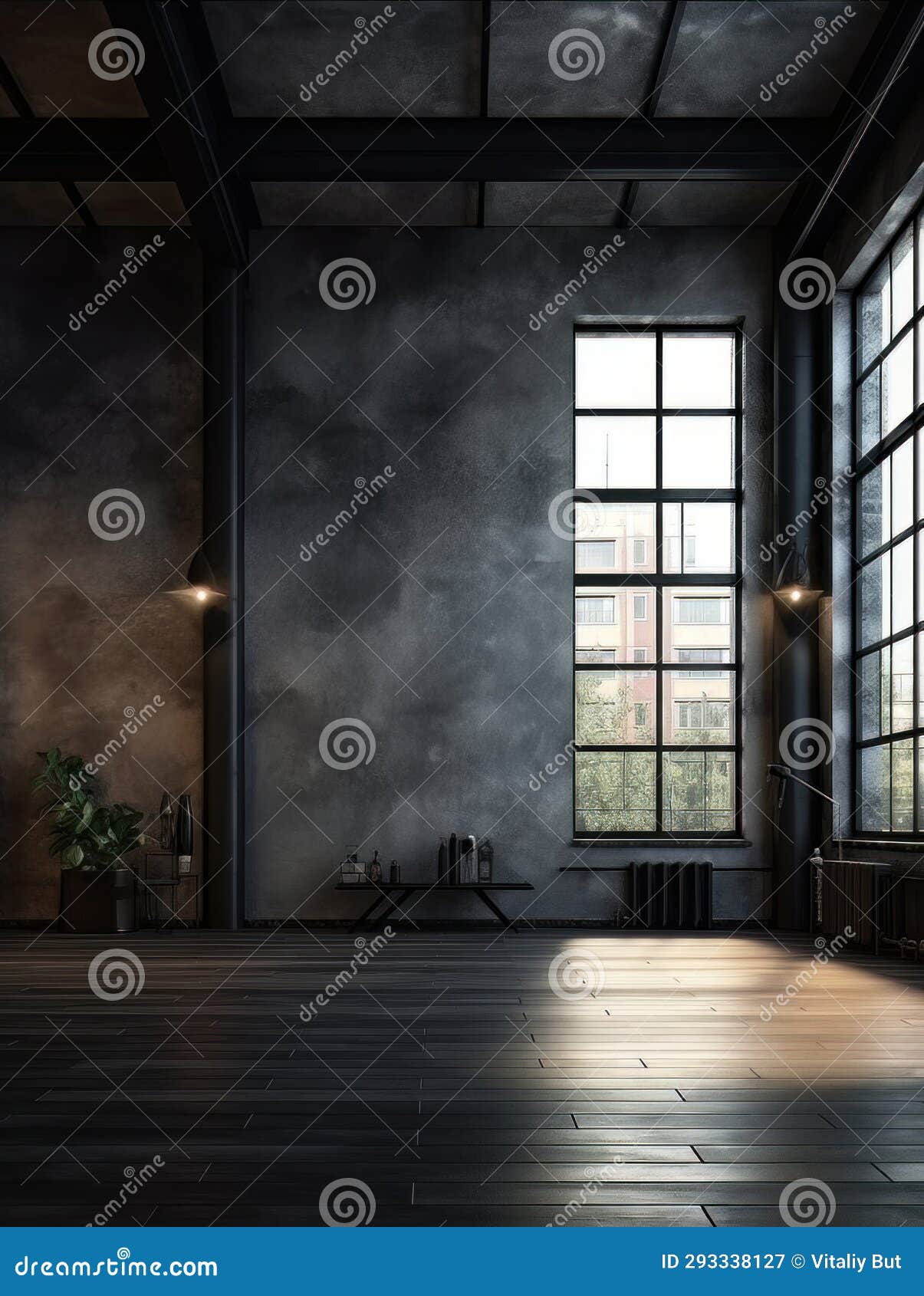 Empty Dark Interior in Loft Style with Panoramic Windows AI Stock Image ...