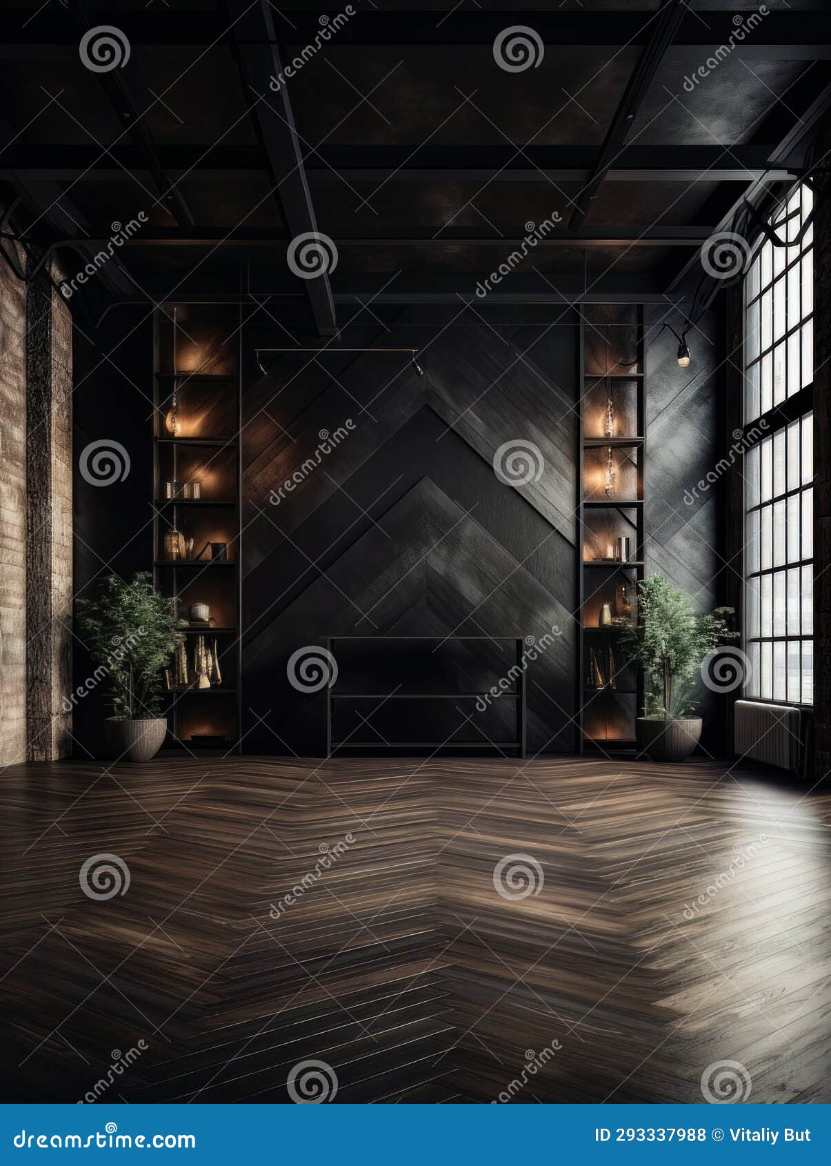 Empty Dark Interior in Loft Style with Panoramic Windows AI Stock Photo ...