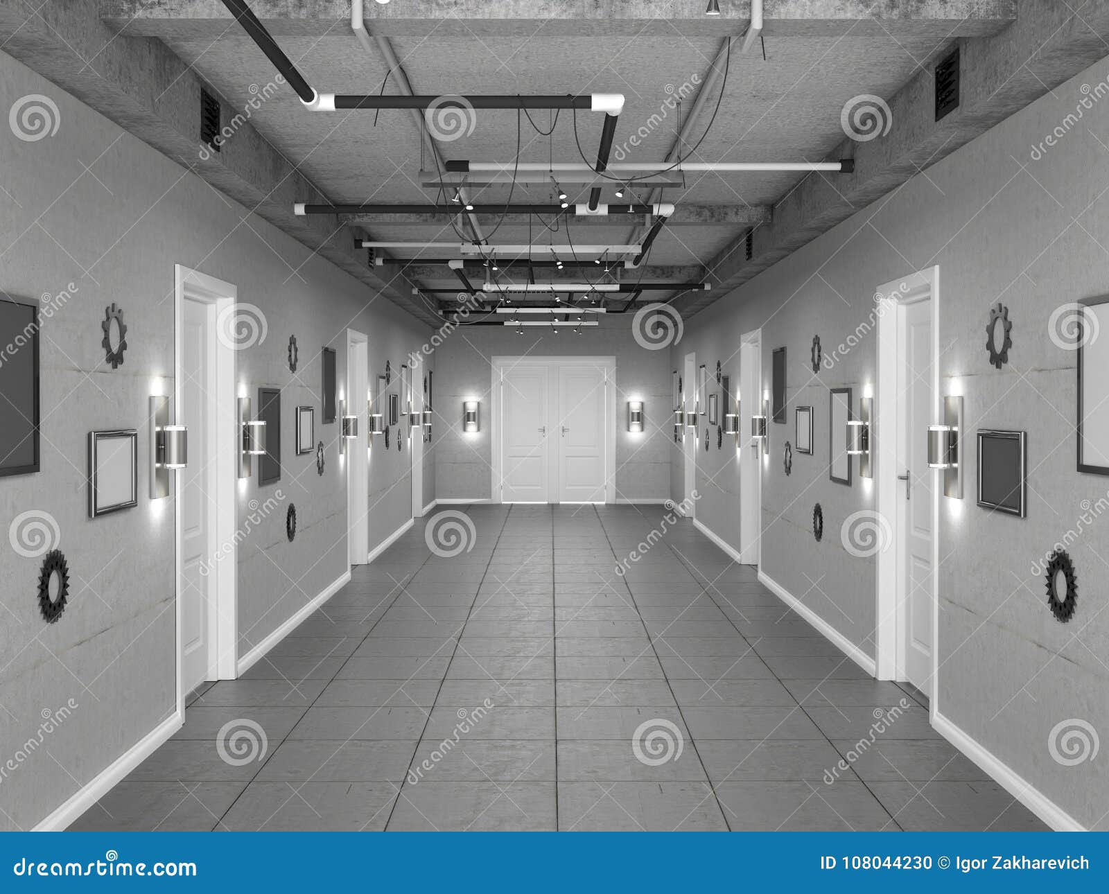 Empty Dark Loft-style Corridor with White Doors. 3d Illustration Stock ...