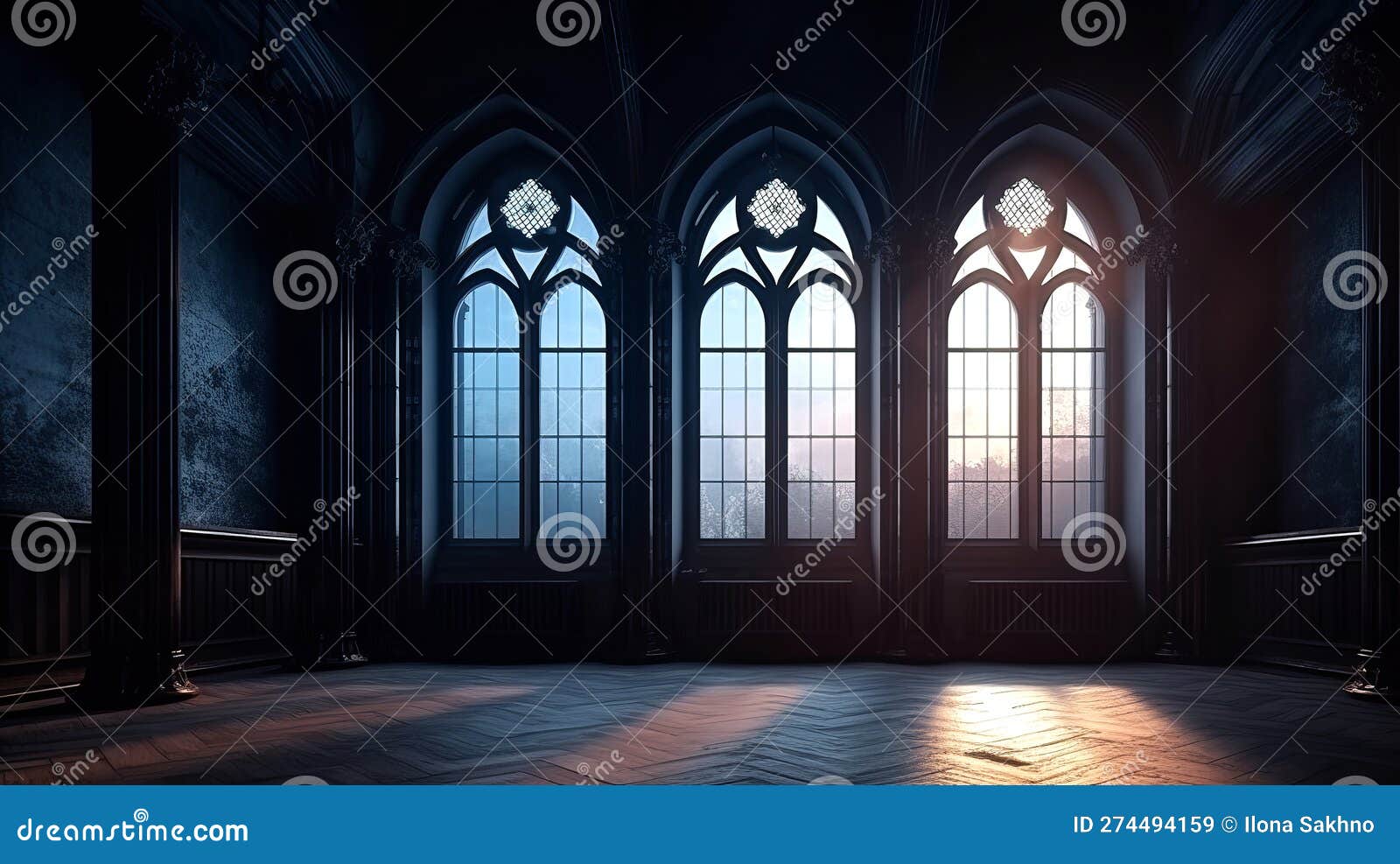 Empty Dark Room in Gothic Style with Large Windows Stock Illustration ...