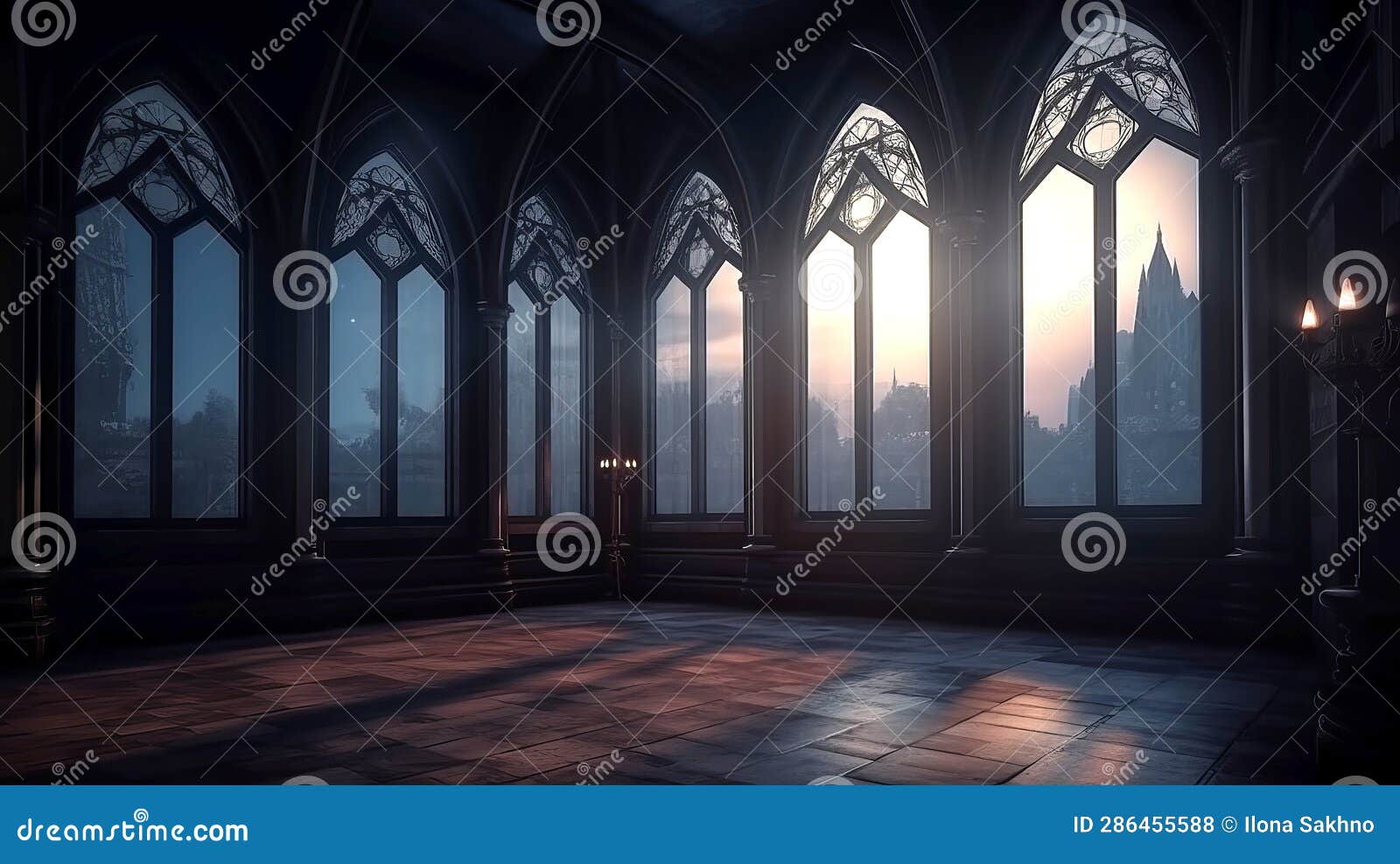 Empty Dark Room in Gothic Style with Large Windows Stock Illustration ...