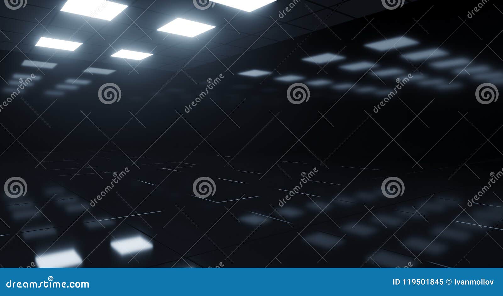 Empty Dark Room with Square Lights on Ceiling and Reflective Flo Stock ...