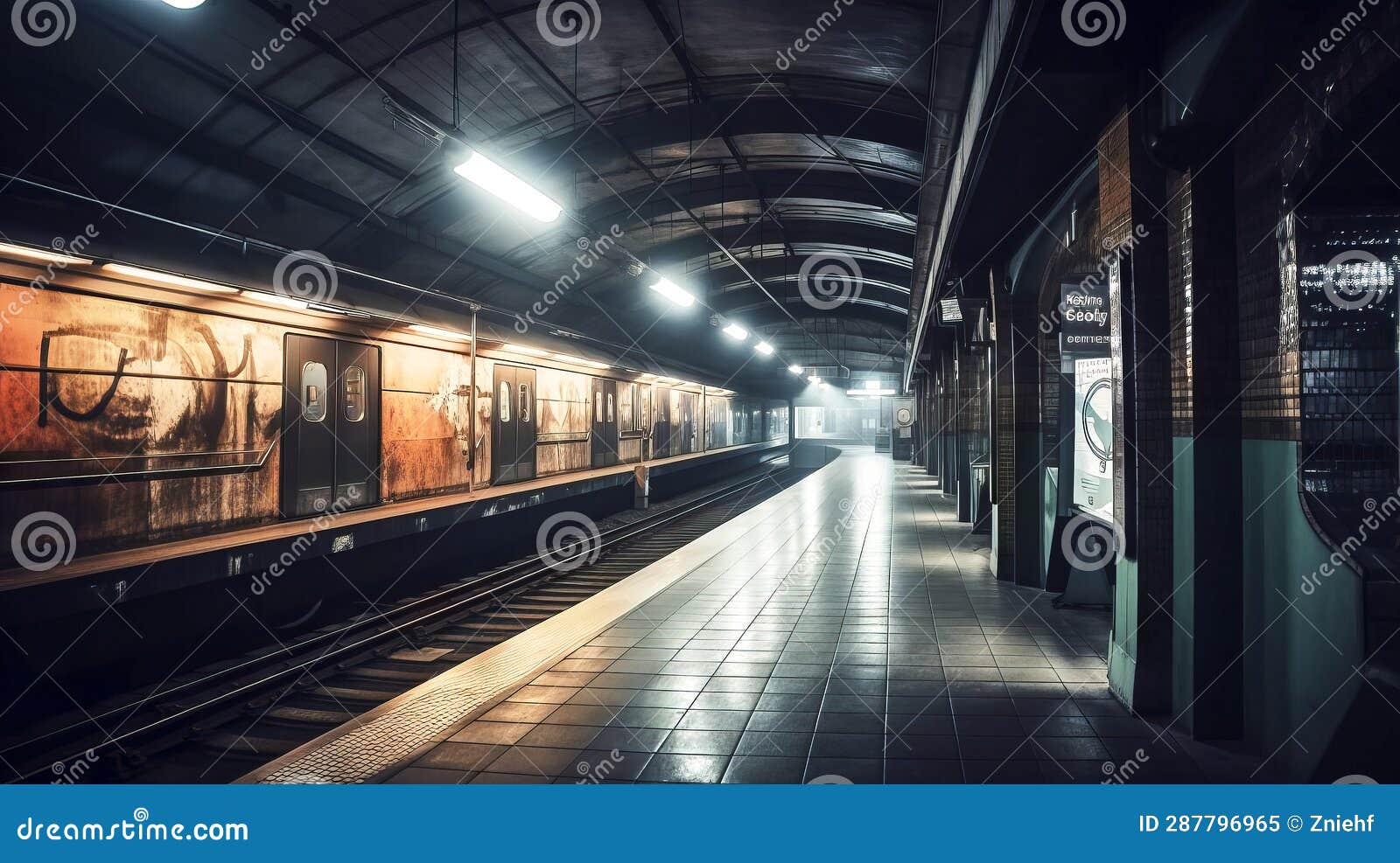 Empty Dark Subway Station with Supporting Arches on the Ceiling and ...
