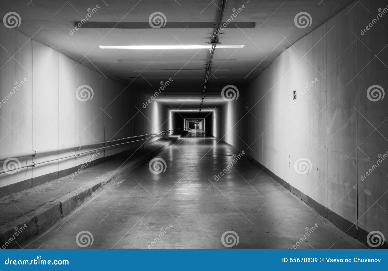 Empty Dark Tunnel at Night. Monochrome Stock Image - Image of train ...