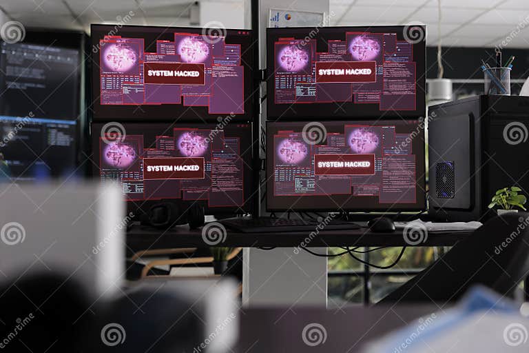 Empty Data Office Desk With Multiple Programming Computers Stock Image Image Of Database