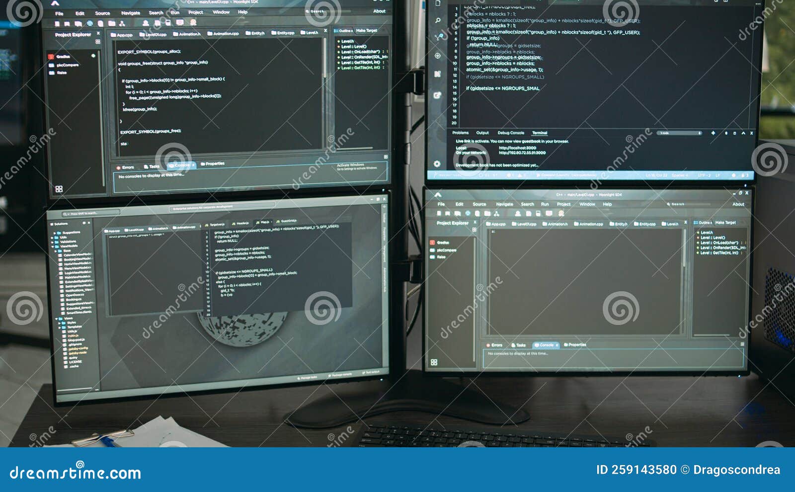 Empty Data Room with Computer Screens on Desk Stock Photo - Image of window, language: 259143580