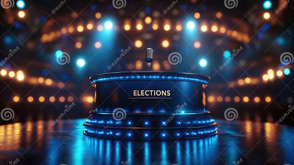 Empty Debate Stage with Microphone Under Blue Lights for Upcoming ...
