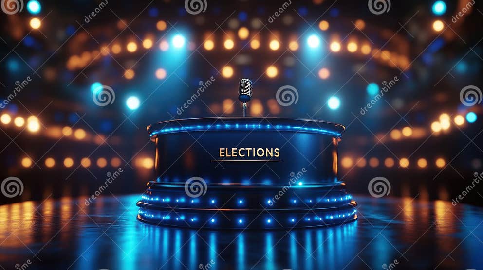 Empty Debate Stage with Microphone Under Blue Lights for Upcoming ...