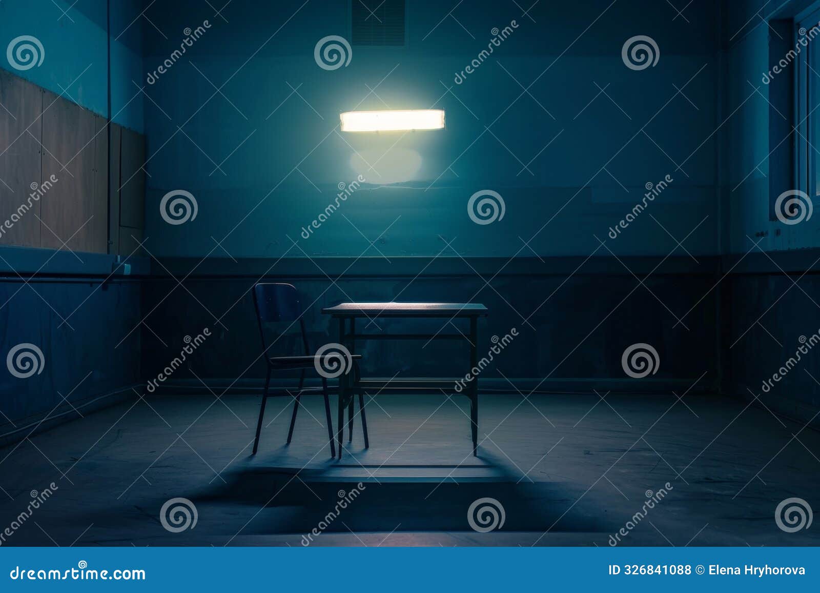 Empty Desk and Chair in a Dark Room with a Single Light Source ...