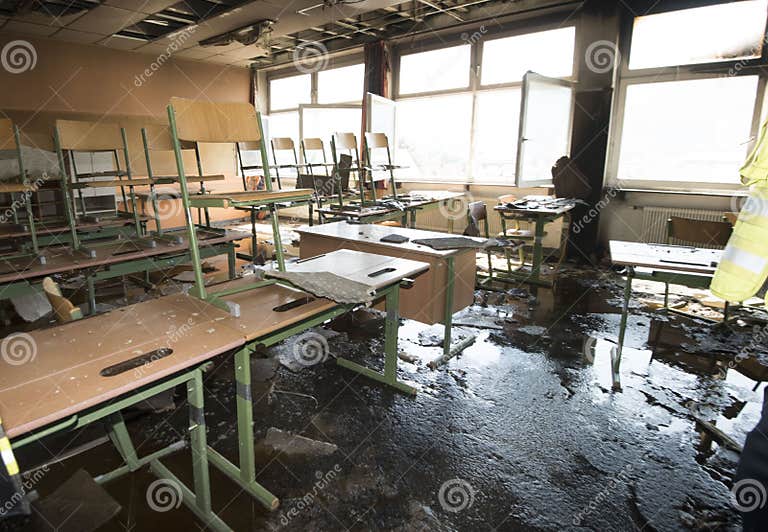 Empty and Destroyed Class Room after Fire Stock Photo - Image of heat ...