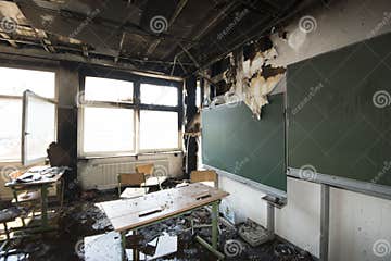 Empty and Destroyed Class Room after Fire Stock Photo - Image of ...