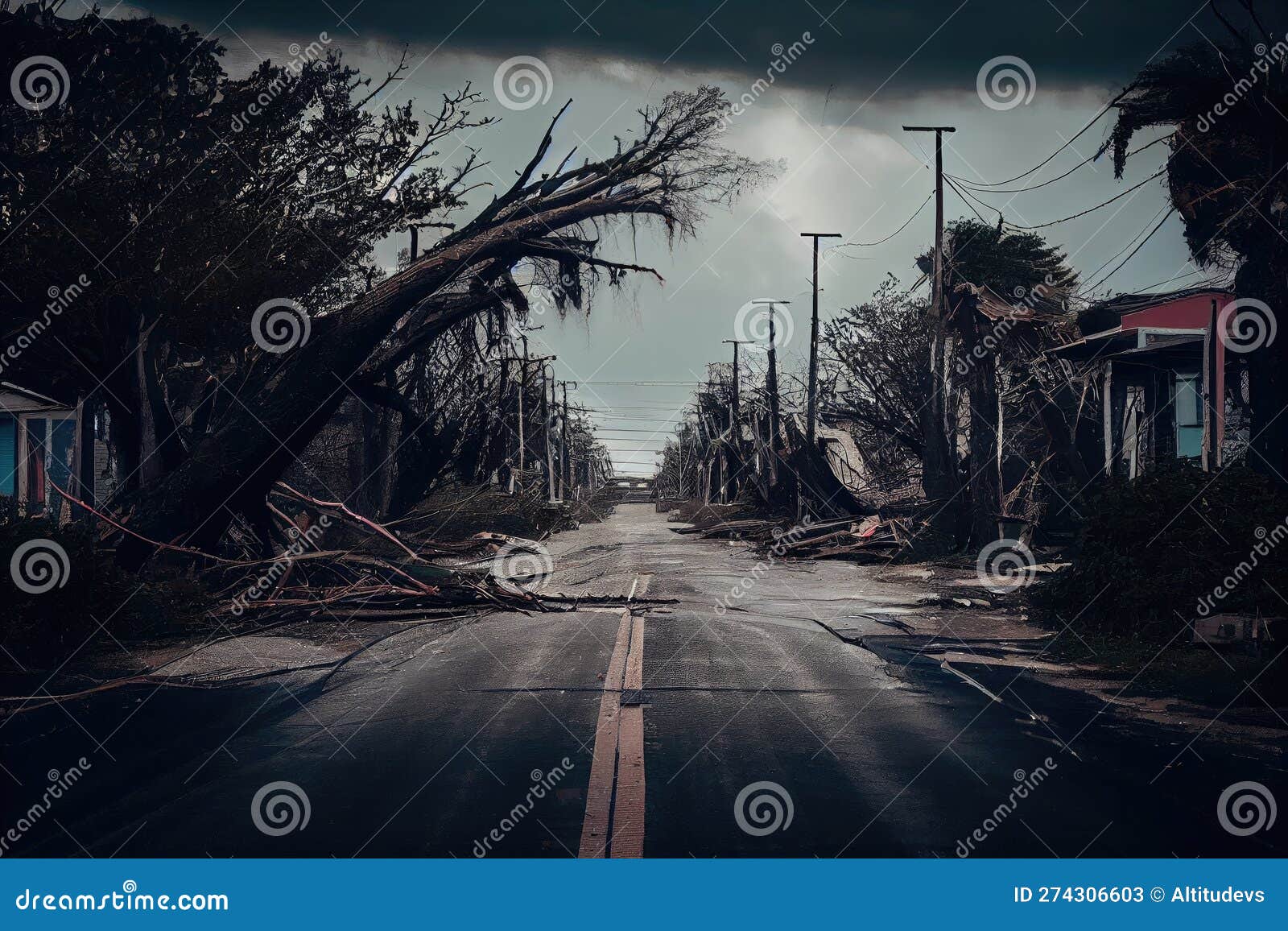 Empty and Devastated Street with Falling Trees after Aftermath ...