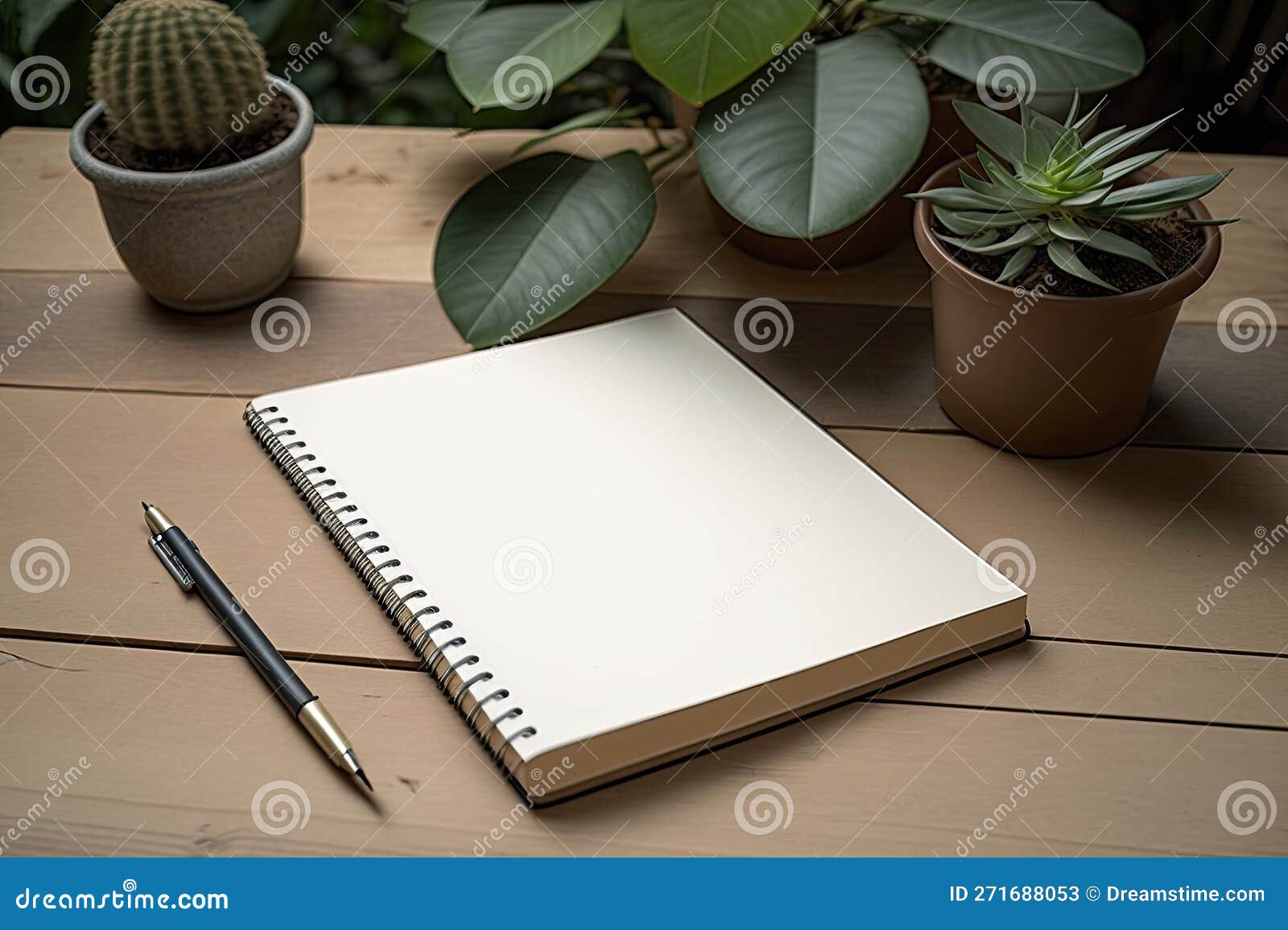 Empty Diary, Blank Notepad on Wooden Table with Green Plant Stock ...