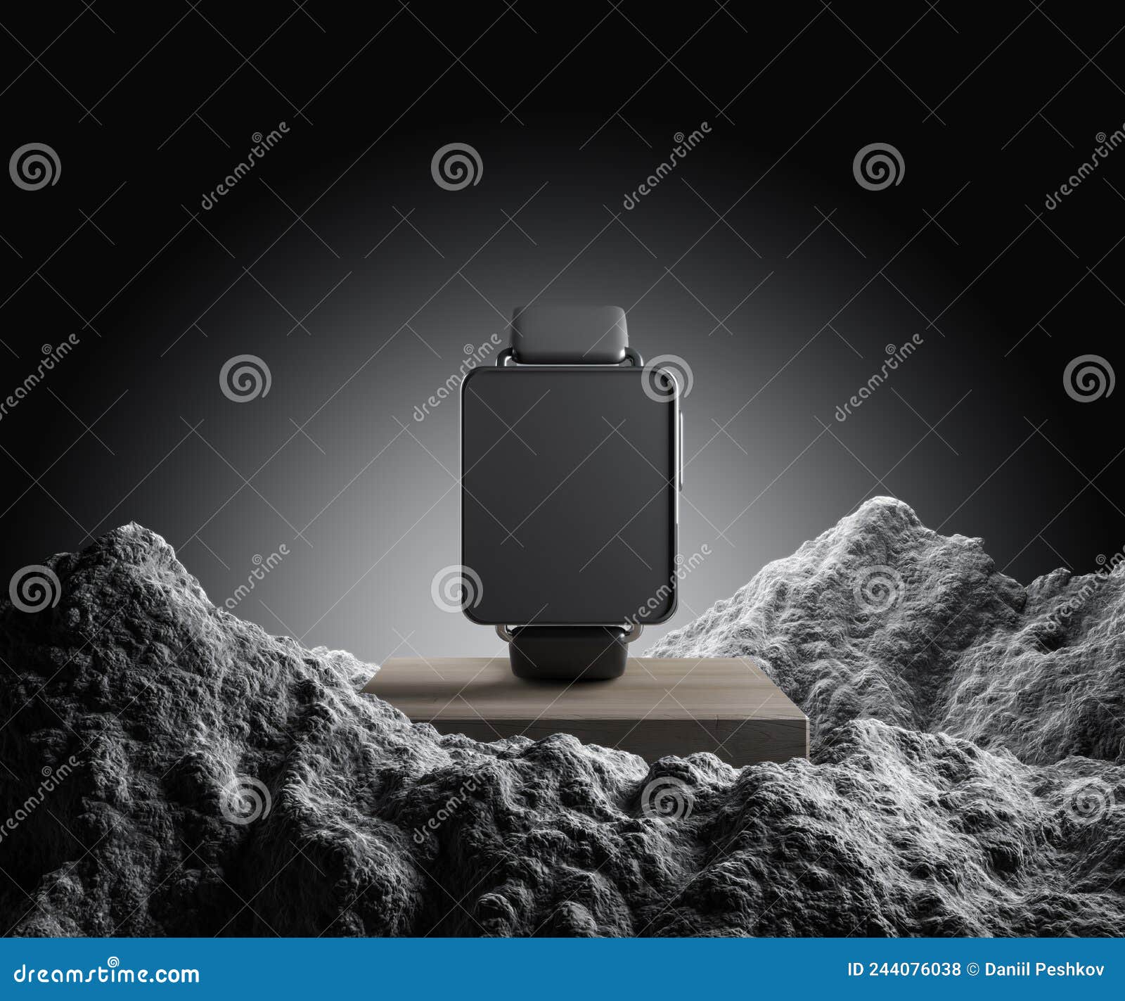 Empty Digital Watch on Creative Pedestal with Rock Mountain on Grey ...