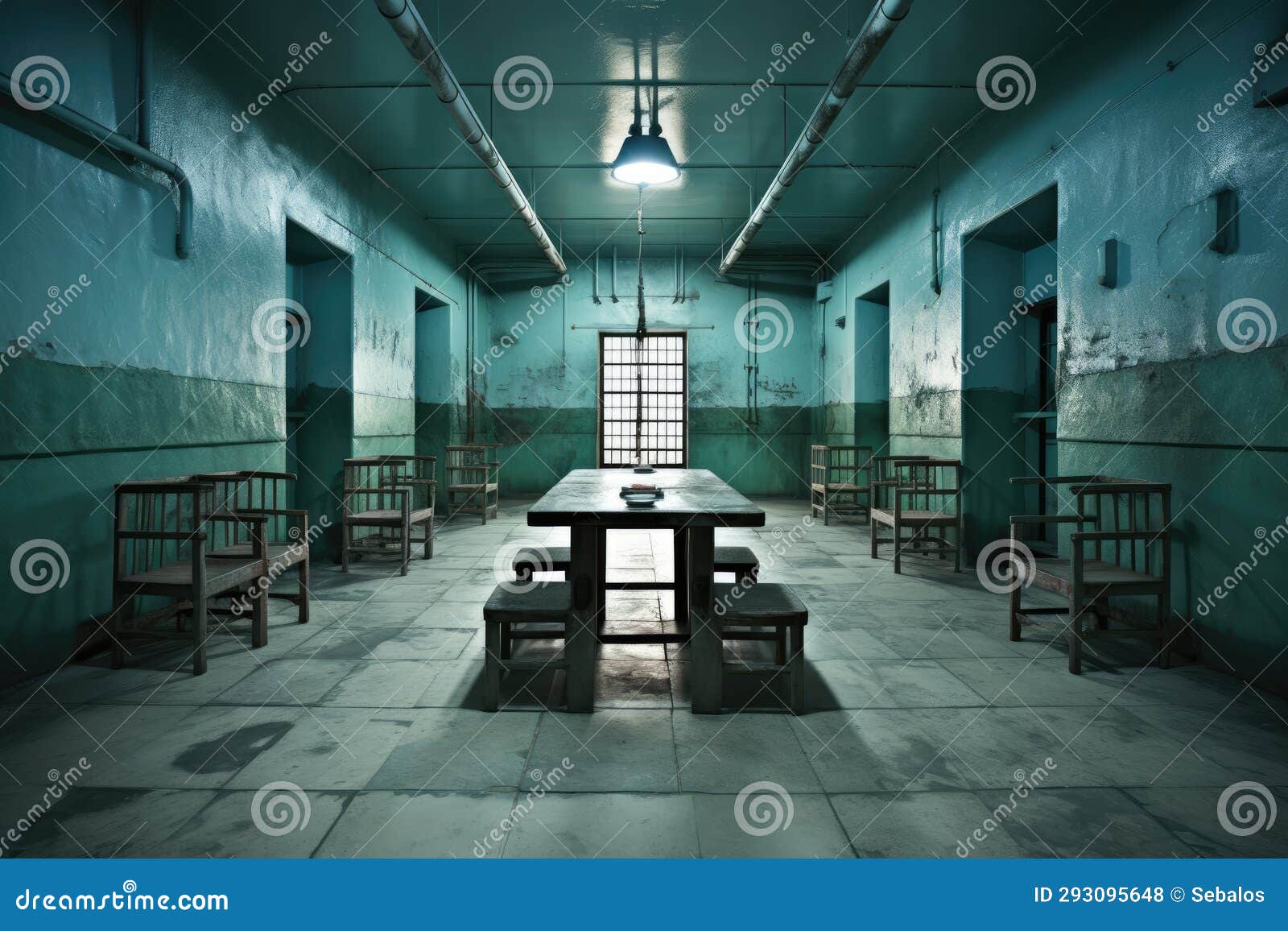 An Empty, Dilapidated Prison Cell with a Table, Chairs, and a Single ...
