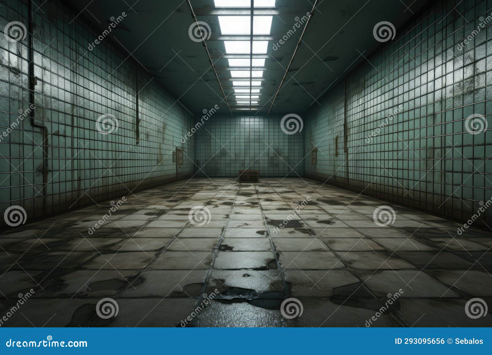An Empty, Dilapidated Prison Room Under Artificial Light Stock ...
