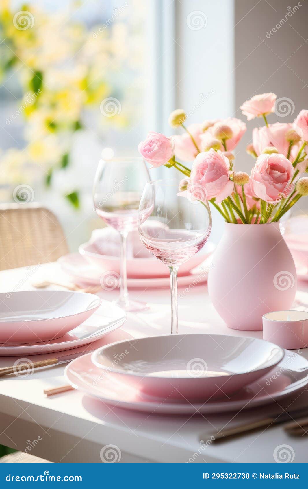 Empty Dinner Table with Green Plants, Ai Created Stock Illustration ...