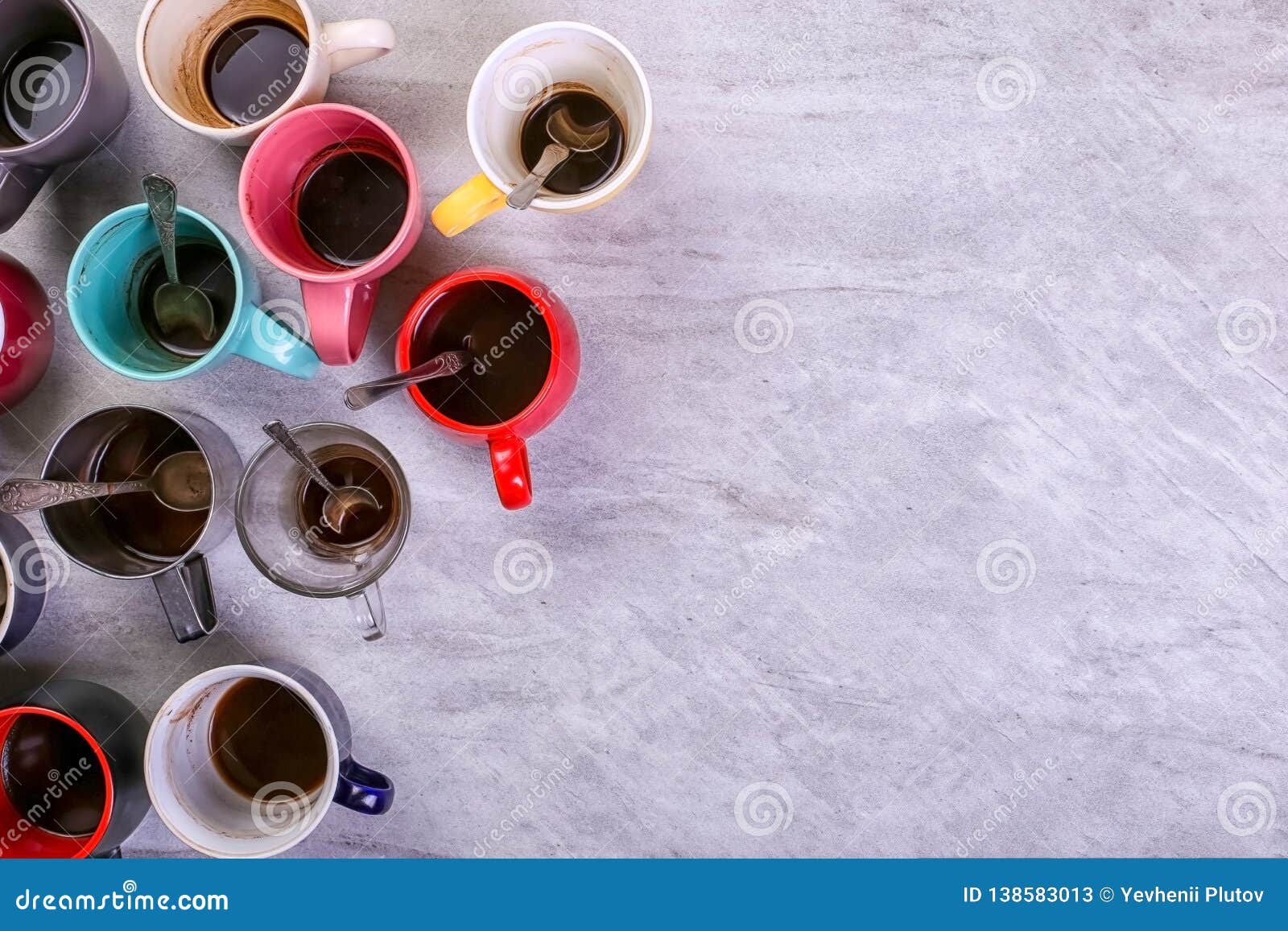 Empty Dirty Coffee Cups of Different Colors on the Table. Concept of ...
