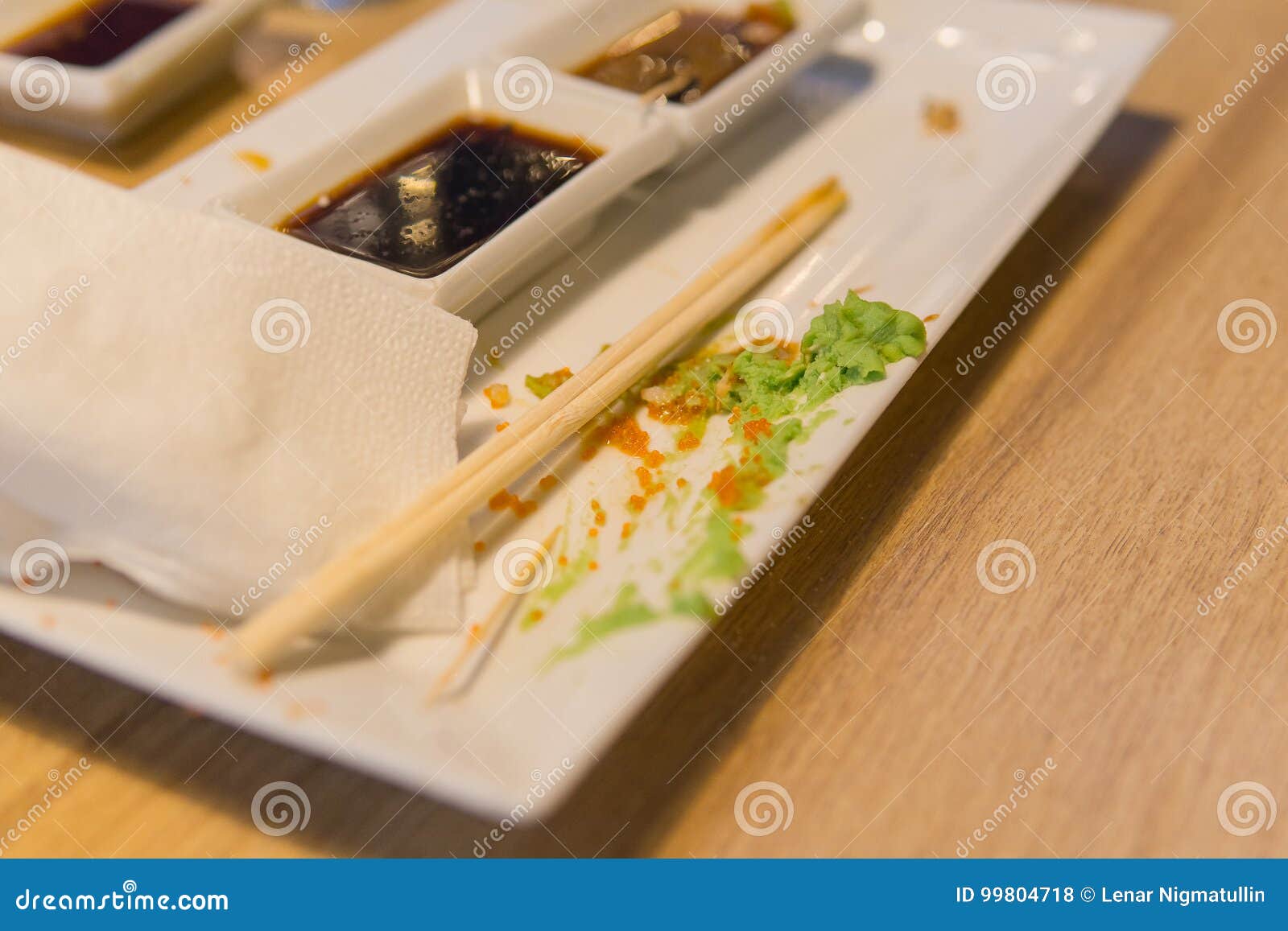 Empty Dirty Plate of Sushi on Table in Cafe. Stock Photo - Image of ...