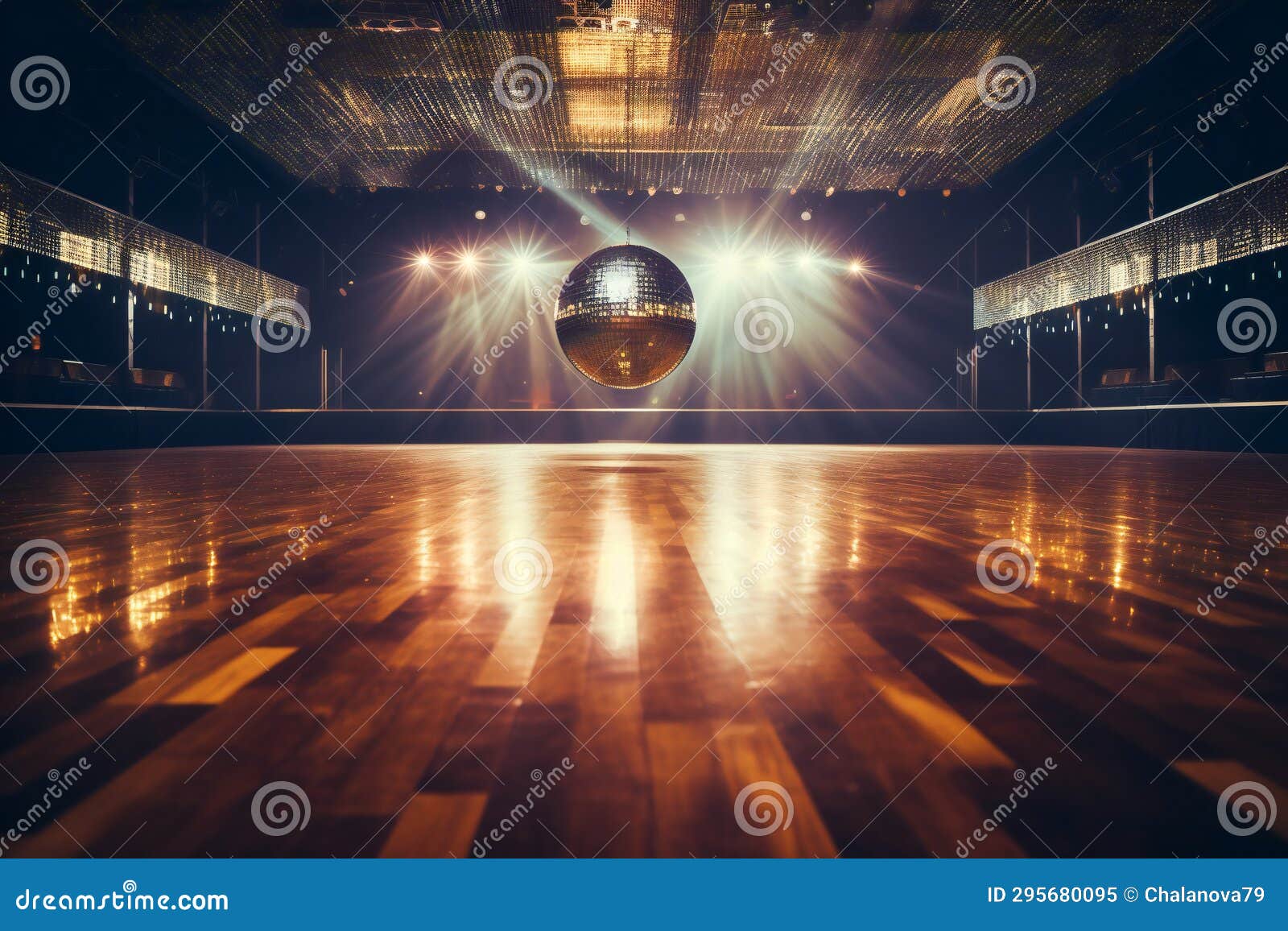 Empty Disco Hall with Disco Ball and Lights, Background Stage Ramp ...