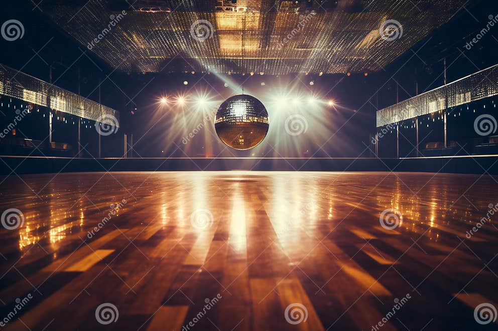 Empty Disco Hall with Disco Ball and Lights, Background Stage Ramp ...