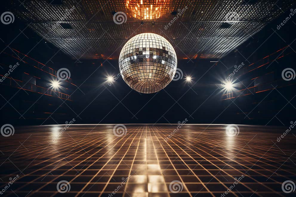 Empty Disco Hall with Disco Ball and Lights, Background Stage Ramp ...