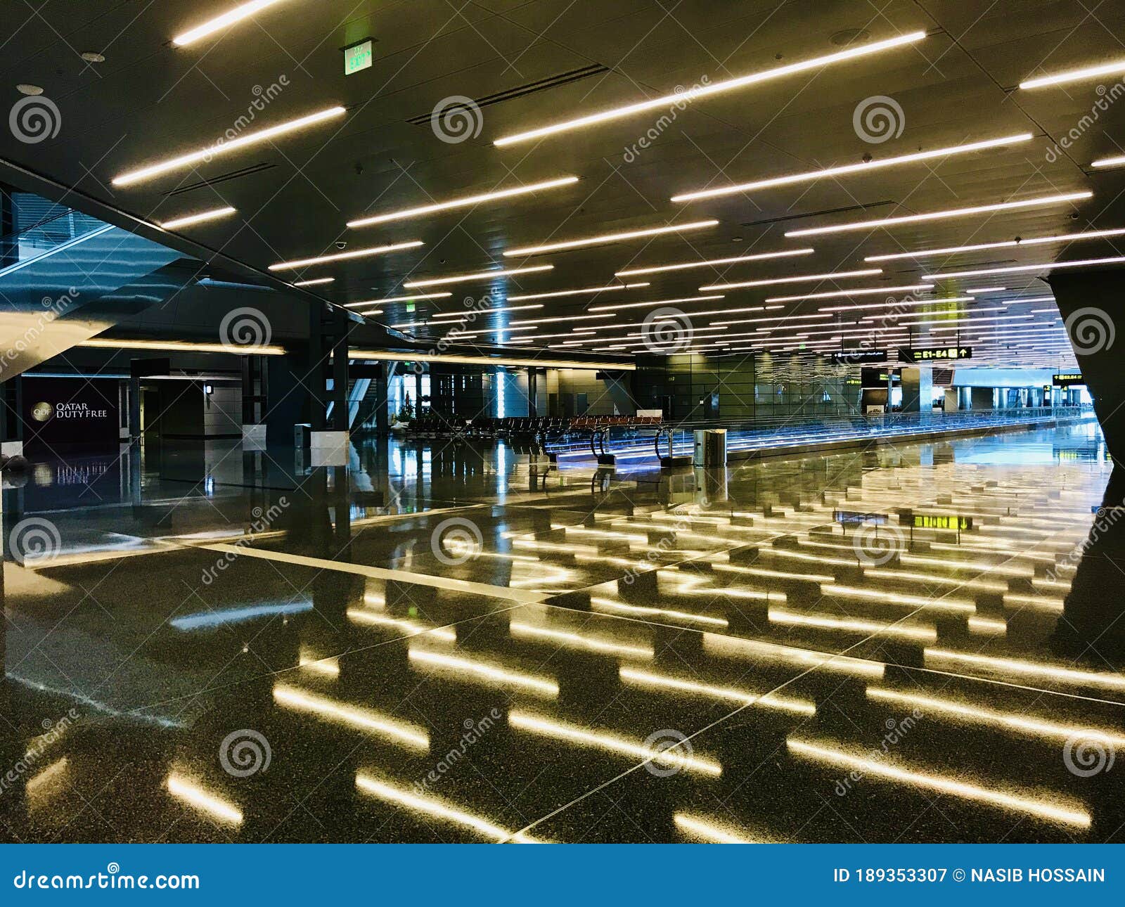 Empty Doha Airport with Interior Lights and Reflection at Night ...