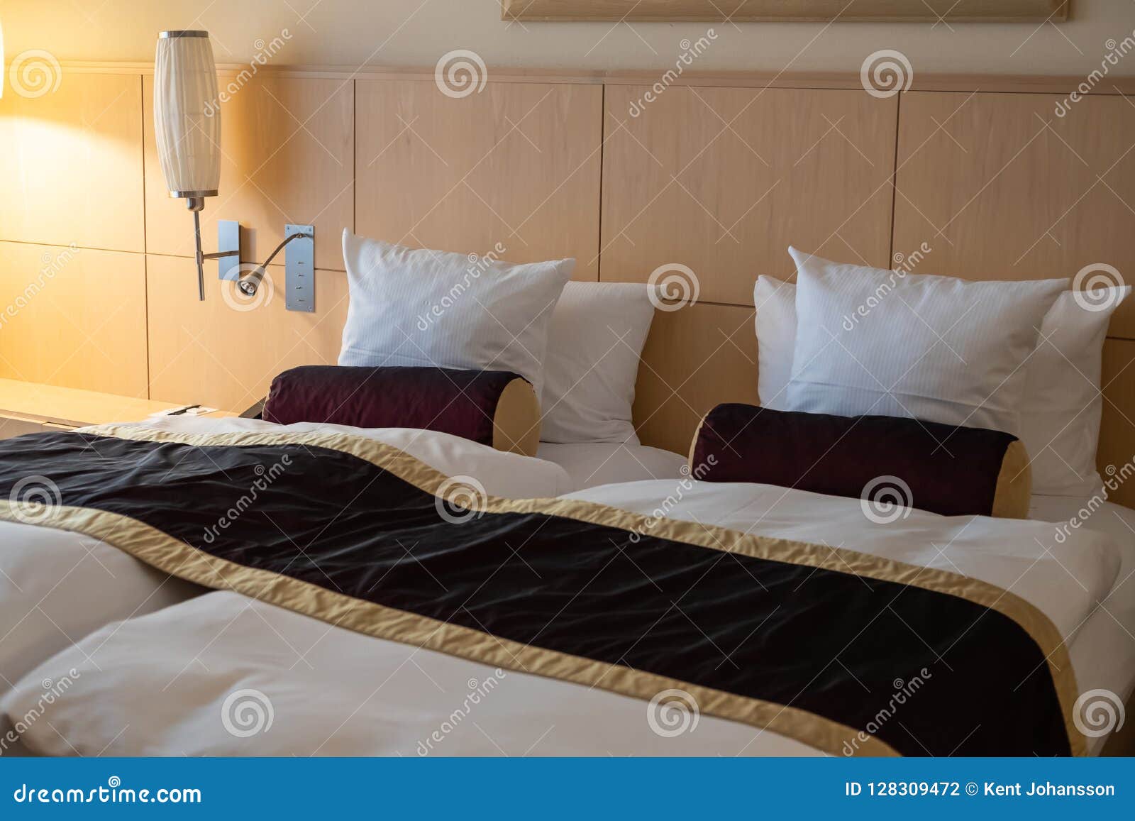 Empty Double Bed in Hotel stock photo. Image of home - 128309472