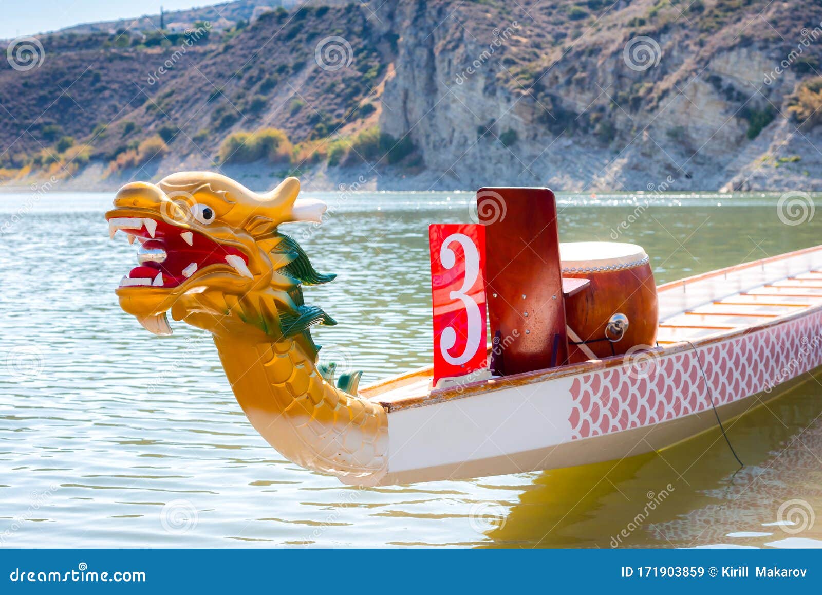 Empty Dragon Boat with Head and Drum Stock Image - Image of detail ...