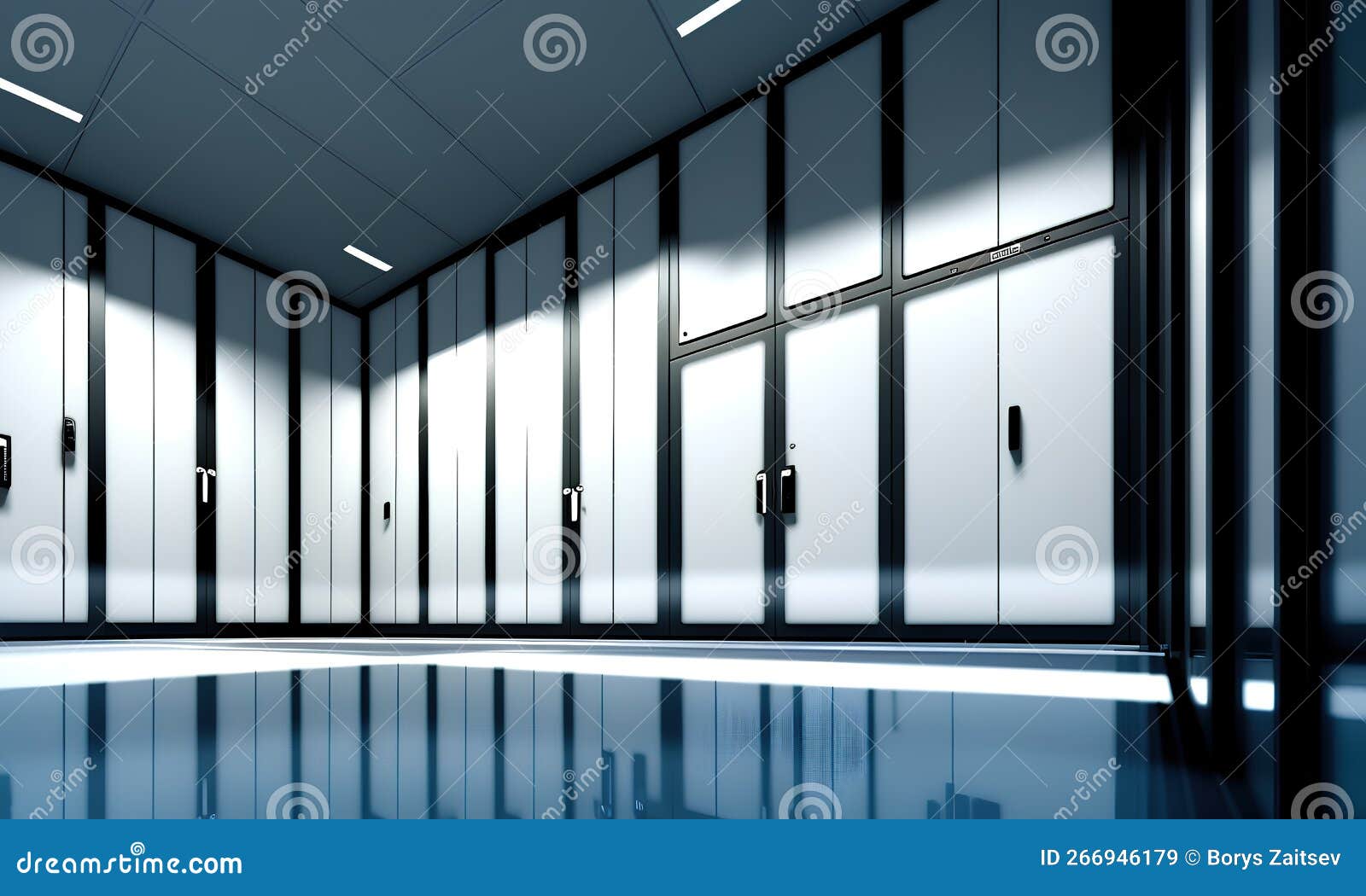 Empty Dressing Room with Closed Metal Cabinets, Front View Stock ...