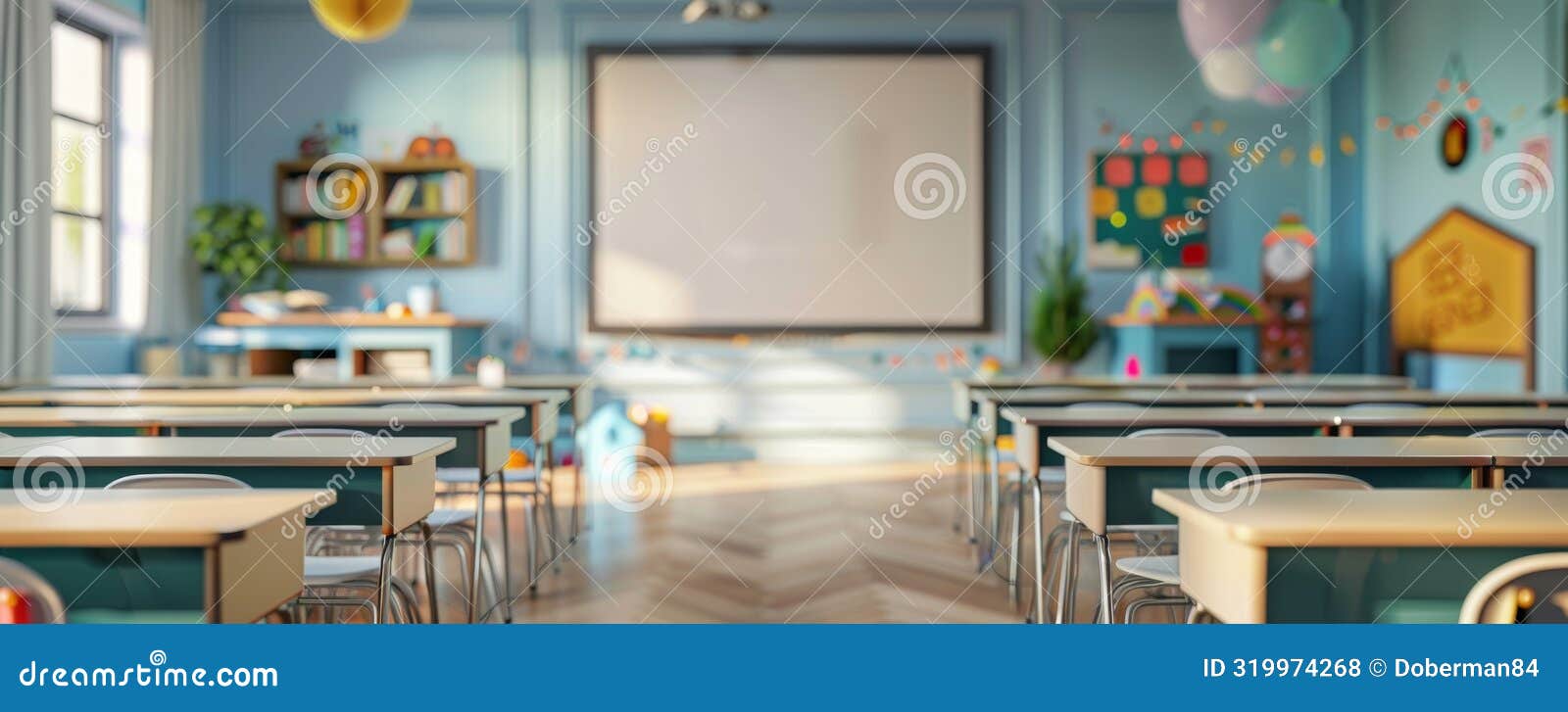 Empty Elementary Classroom with Decorations and Teacher S Desk Stock ...