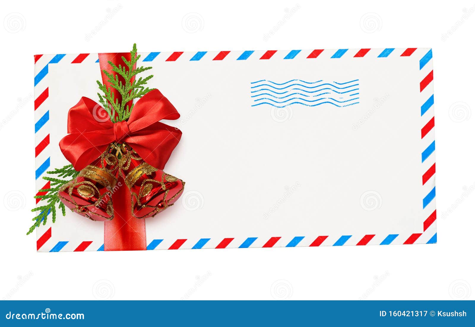 Empty Envelope with Red and Blue Borders and Stamp Tied with Ribbon Bow ...