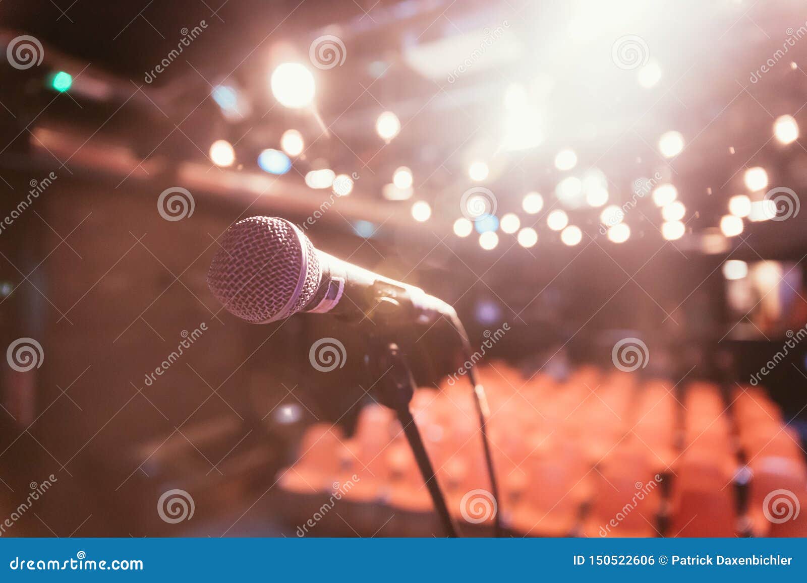 Empty Event Hall: Close Up of Microphone Stand, Empty Seats in the ...