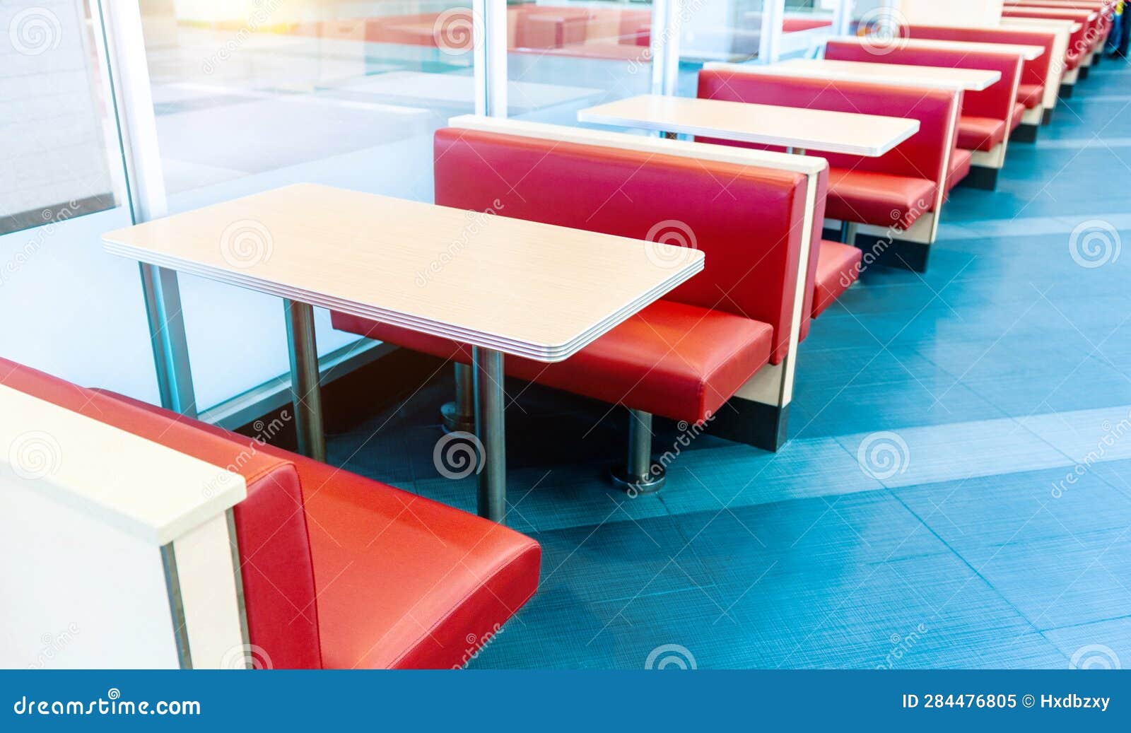 Empty Fastfood Restaurant Interior with Red Chairs and Table Stock ...