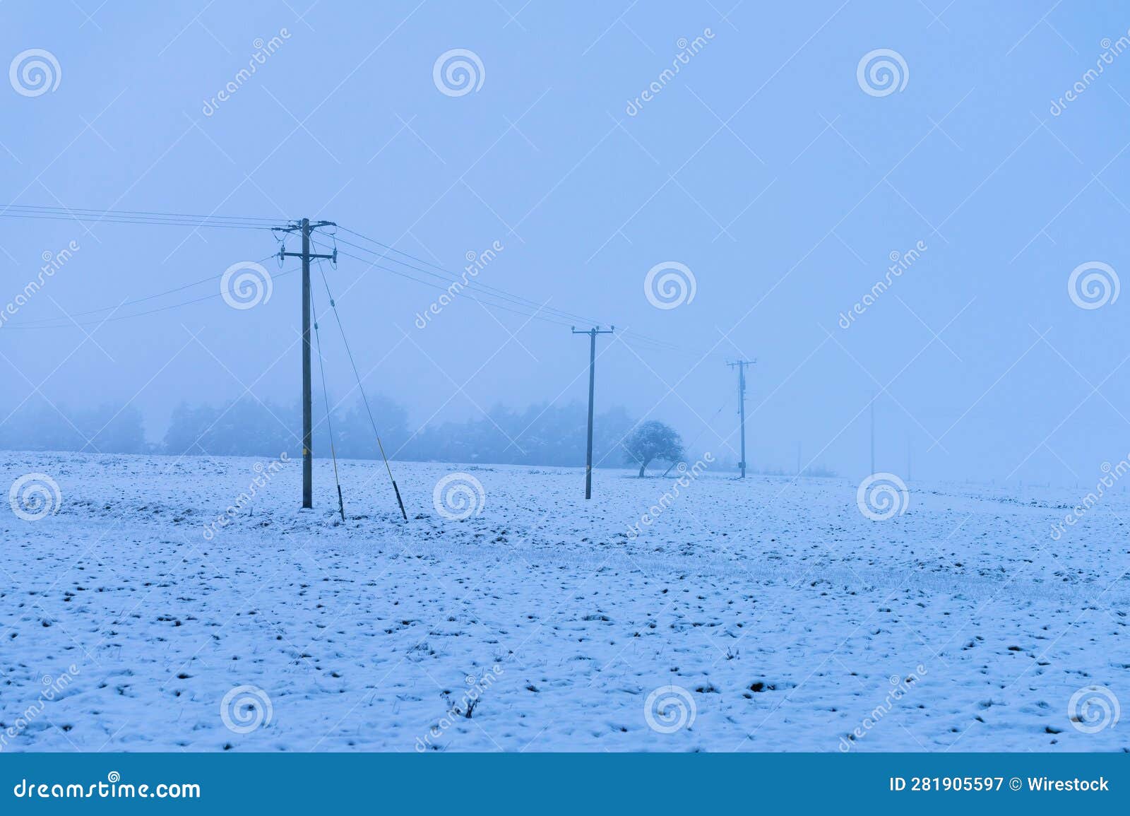 Empty Fields with Utility Poles Vanishing into the Mist. Stock Image ...
