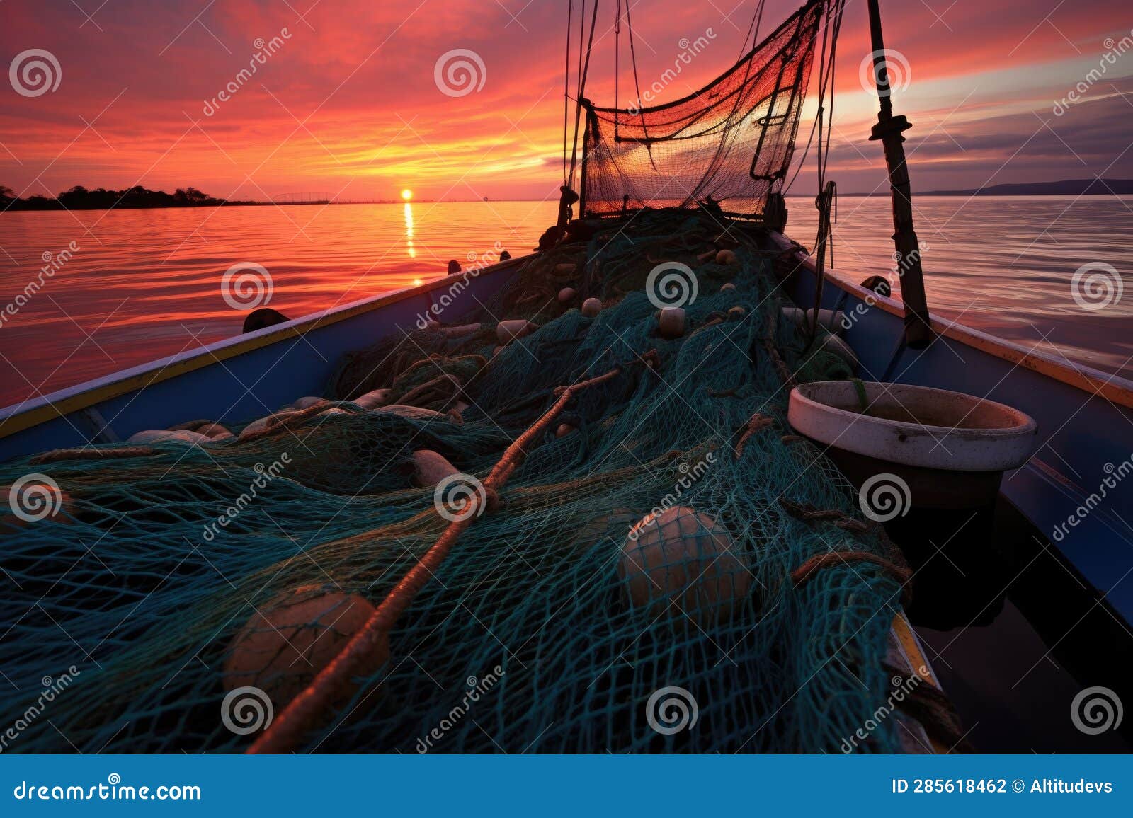 Empty Fishing Nets on a Boat Deck at Sunset Stock Illustration ...