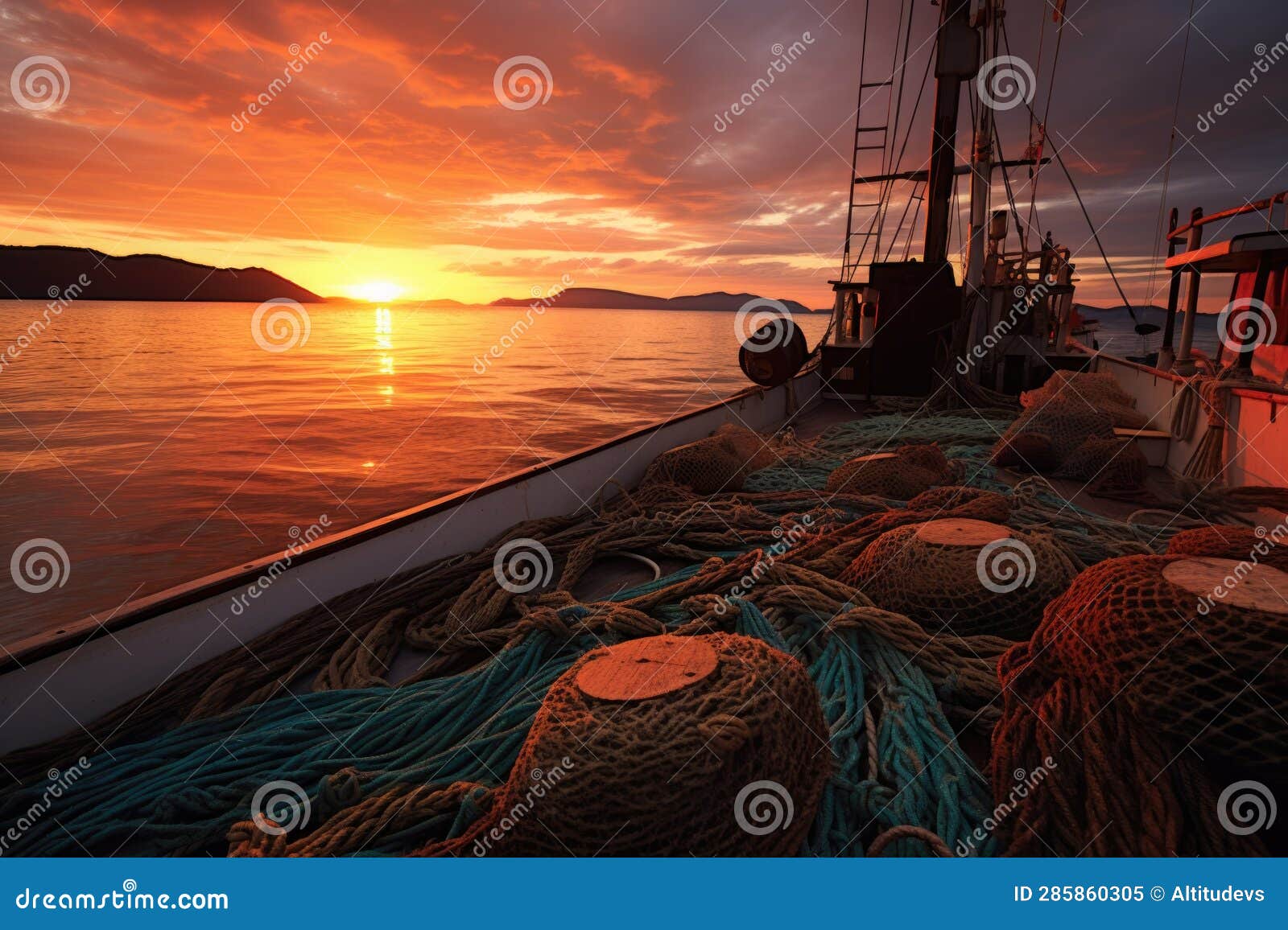 Empty Fishing Nets on a Boat Deck at Sunset Stock Image - Image of ...
