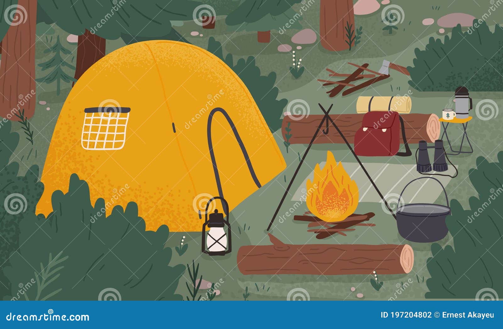 Forest Touristic Camp With Tent, Bonfire, Firewood, Campervan ...