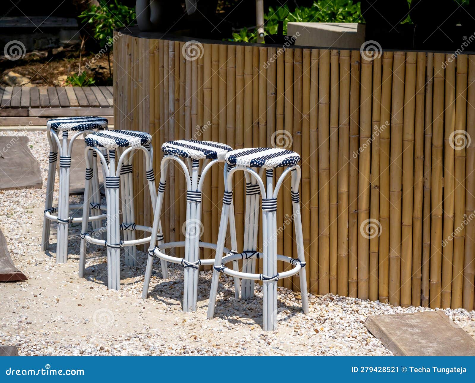 Empty Four Rattan Bar Stools, Black and White Patterns Preparing for ...