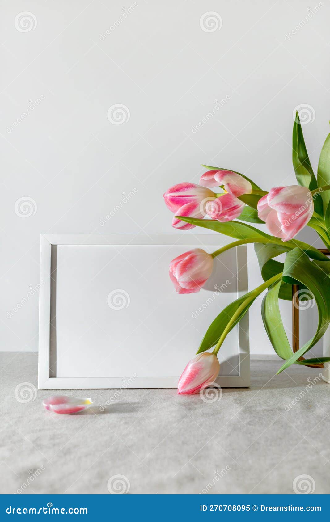 Empty Frame and Bouquet of Tulips on Neutral Beige Background ...