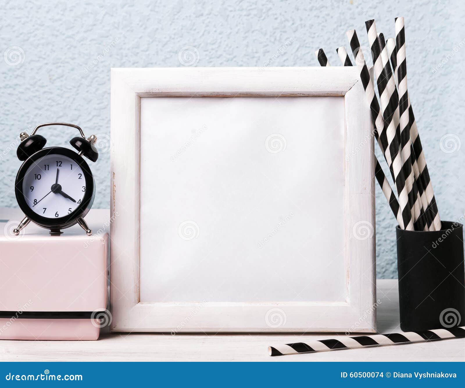 Empty Frame, Clock and Paper Straws Stock Photo - Image of black ...
