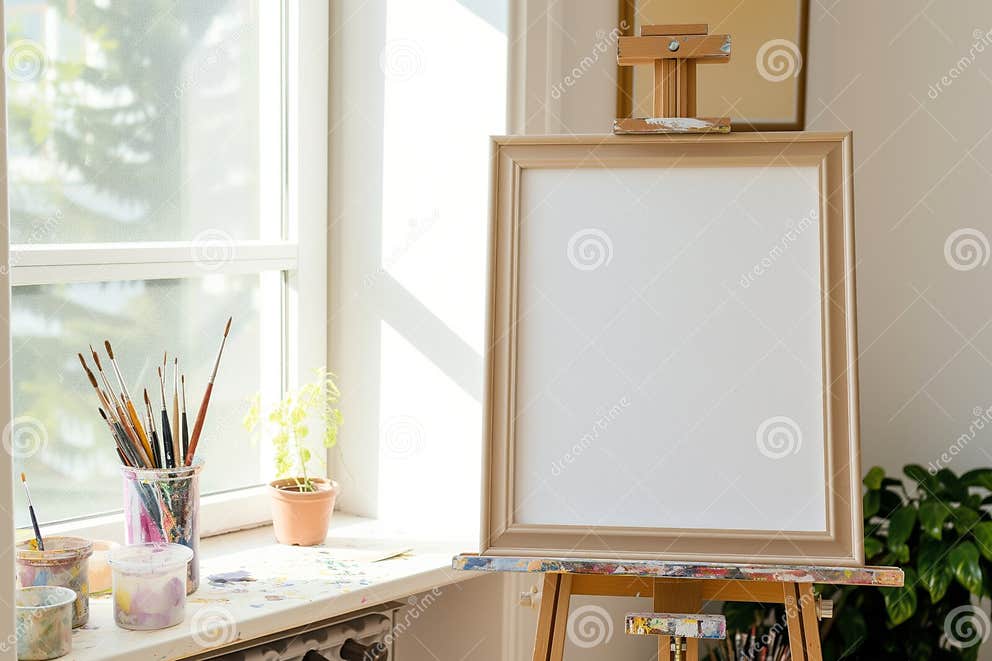 Empty Frame Propped Up on an Artists Easel in a Bright Studio Corner ...