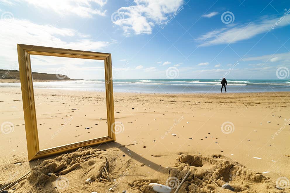 Empty Frame on Sandy Beach with Person Walking by Stock Photo - Image ...