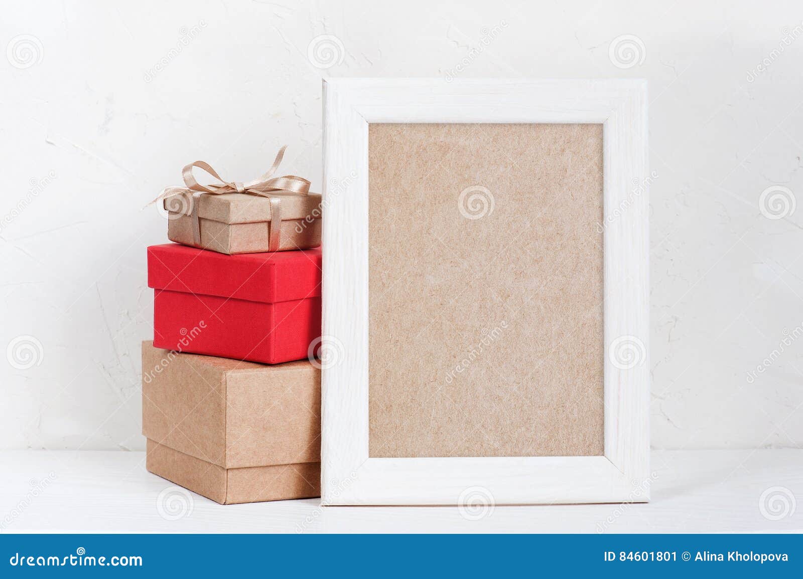 Empty Frame and Various Gift Boxes on the White Table Stock Image ...