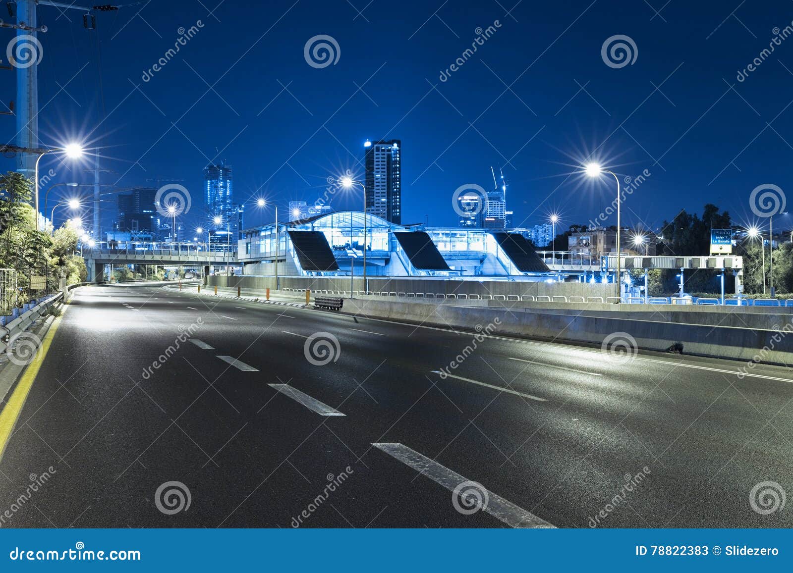 Empty Freeway at Night and Tel Aviv Cityscape Stock Image - Image of ...
