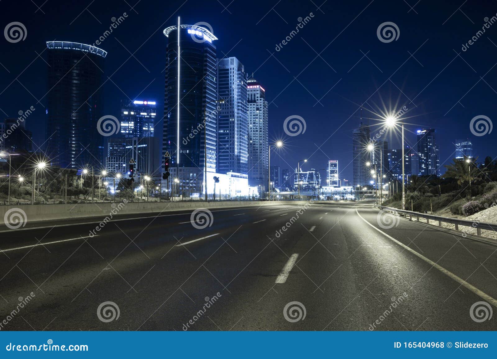 Empty Freeway at Night and Tel Aviv in Background Stock Photo - Image ...