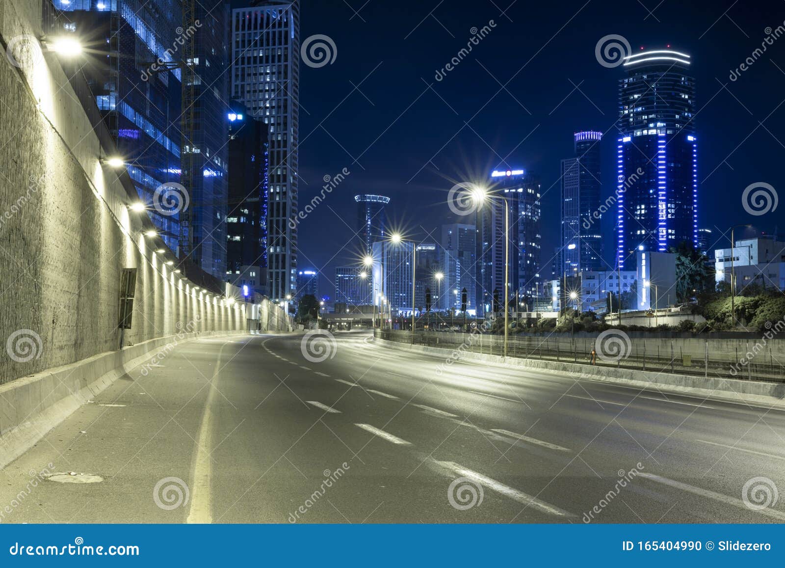 Empty Freeway at Night and Tel Aviv in Background Stock Photo - Image ...